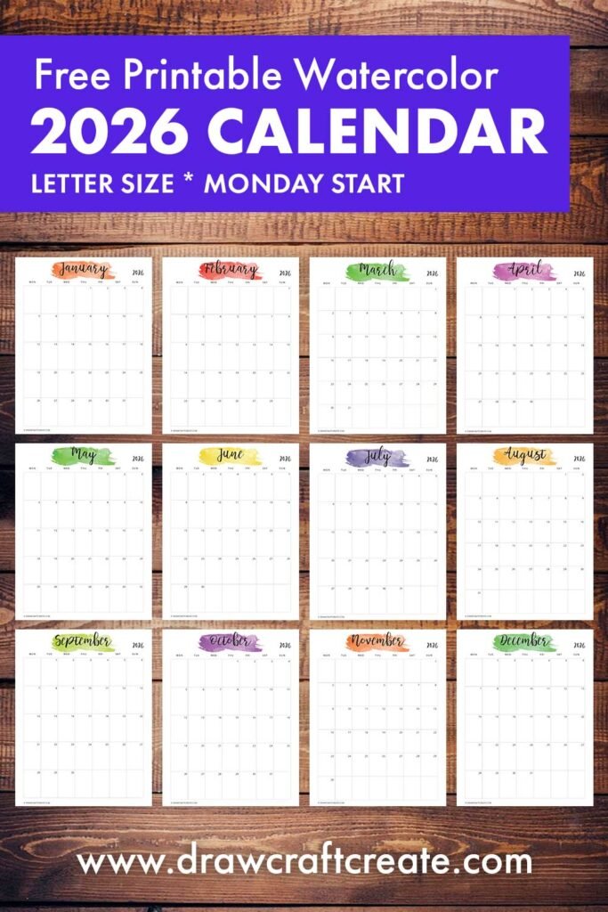 2026 Calendar Printable PDF Free Template (Vertical) - Draw Craft Create