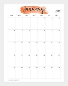 Watercolor 2026 Calendar Printable Vertical (Sunday Start) - Draw Craft ...