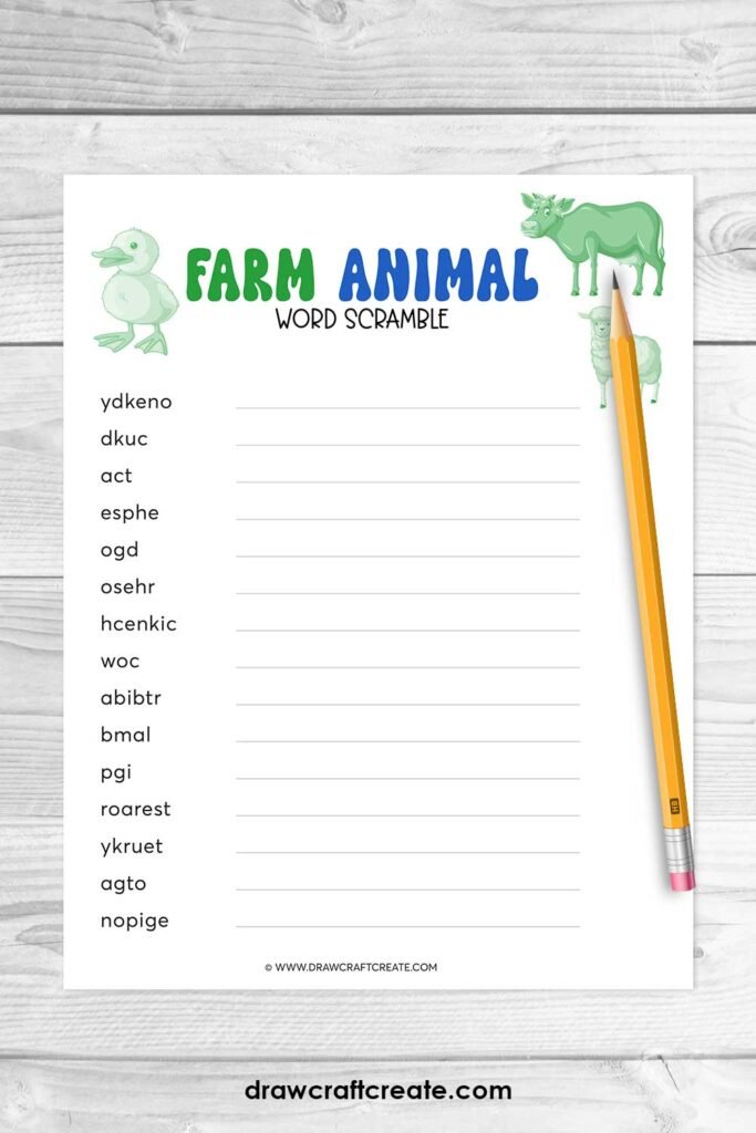 Free Printable Farm Animal Word Scramble - Draw Craft Create