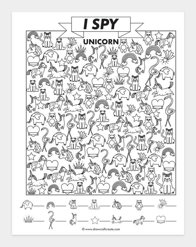 Free Printable I Spy Unicorn Worksheet - Draw Craft Create