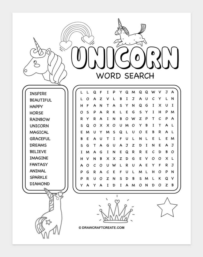 Free Printable Unicorn Word Search - Draw Craft Create