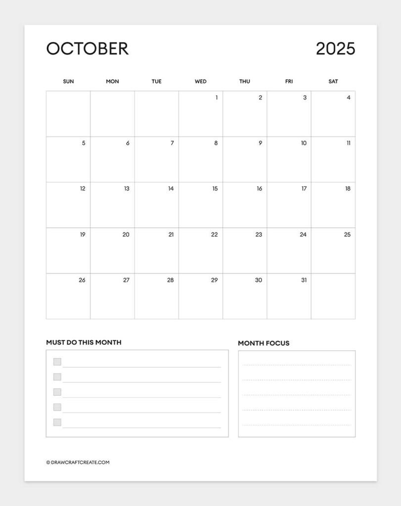Free Printable October 2025 Calendars - Draw Craft Create