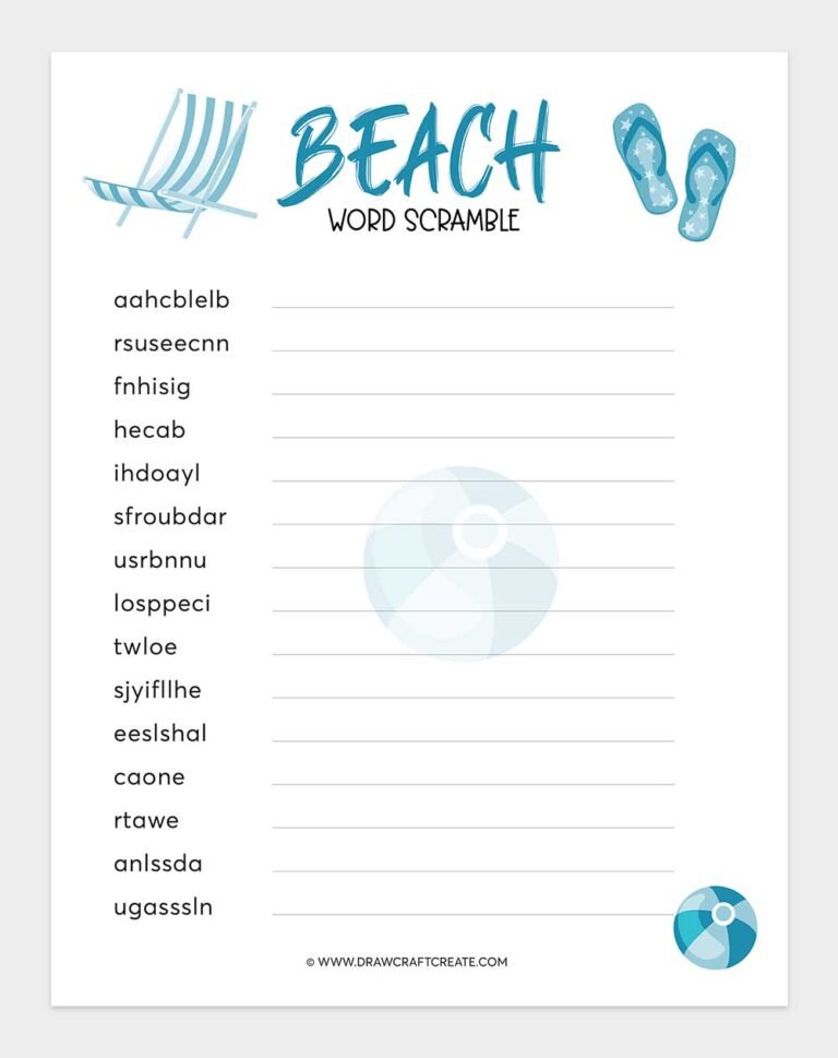Free Printable Beach Word Scramble - Draw Craft Create
