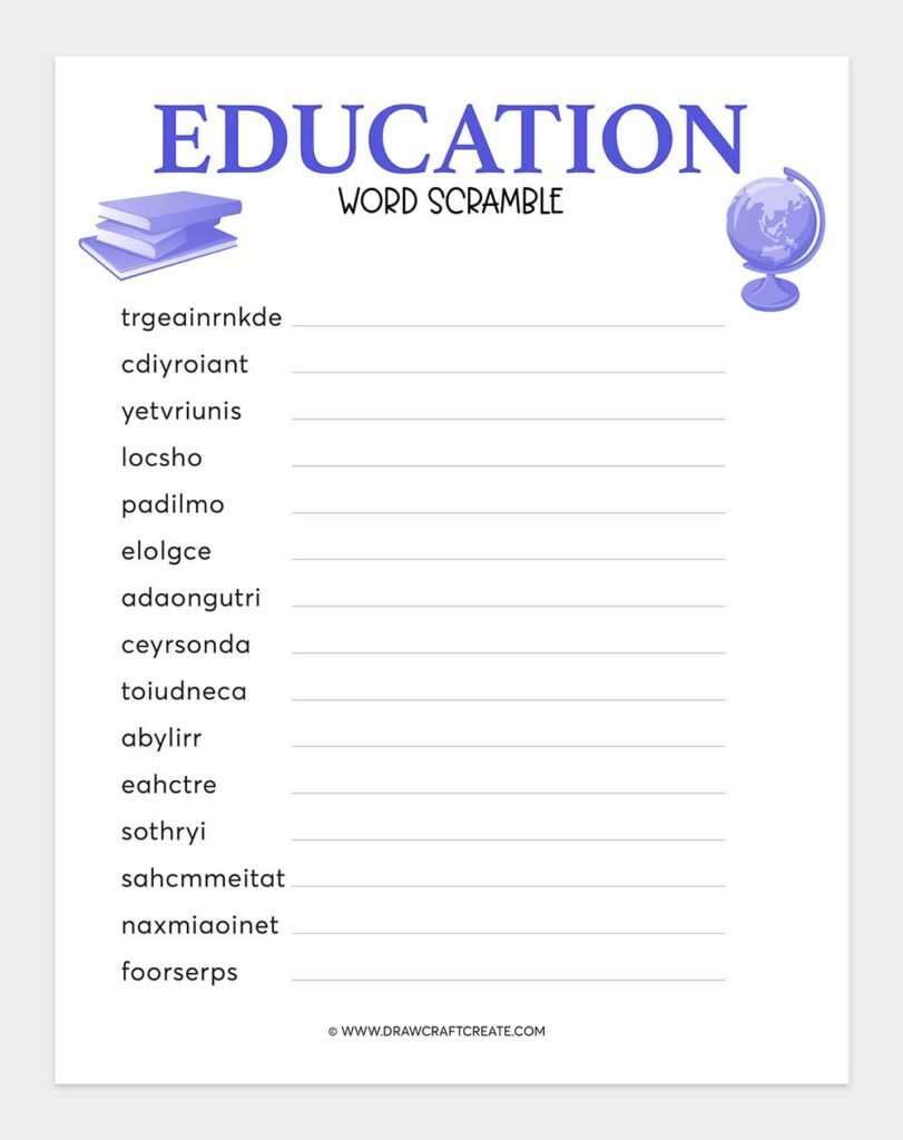 Free Printable Education Word Scramble - Draw Craft Create