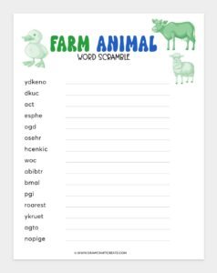 Free Printable Farm Animal Word Scramble - Draw Craft Create