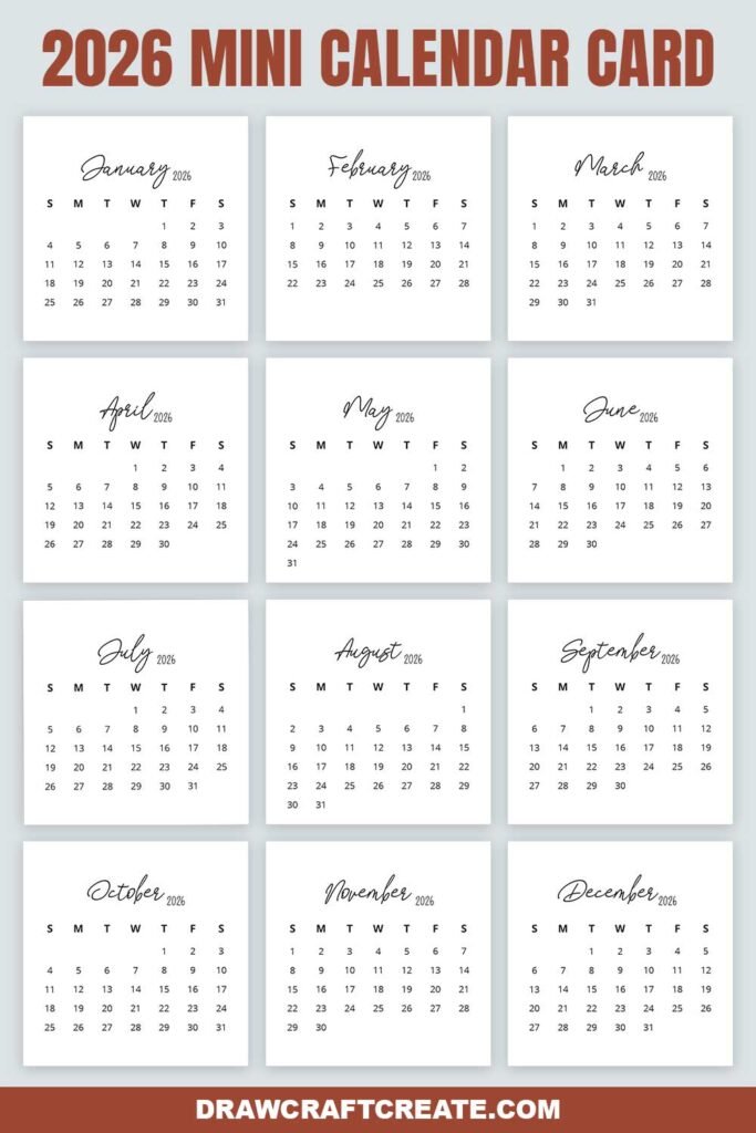 Free Printable 2026 Mini Calendar Card - Draw Craft Create