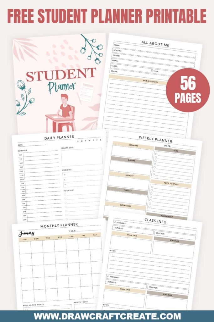 Free Student Planner Printable (56 Pages) - Draw Craft Create