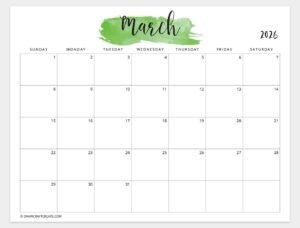 Horizontal 2026 Watercolor Calendar Printable - Draw Craft Create