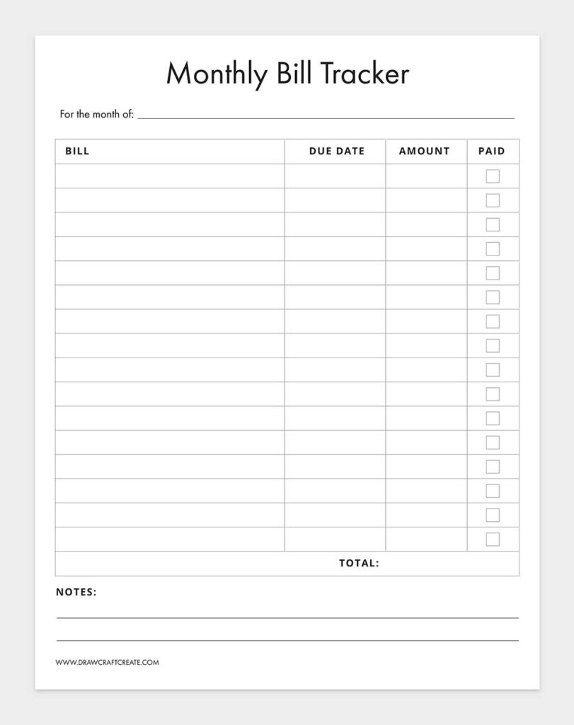 Free Printable Bill Tracker Templates (20 Design) - Draw Craft Create