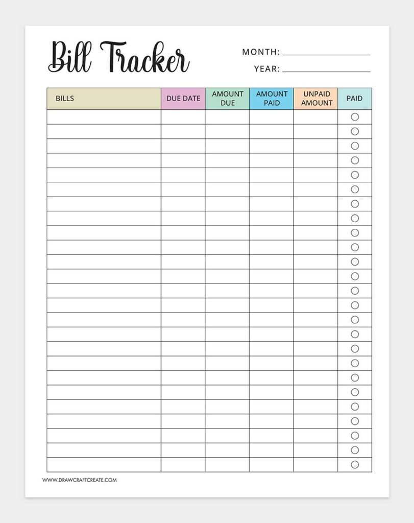 Free Printable Bill Tracker Templates (20 Design) - Draw Craft Create