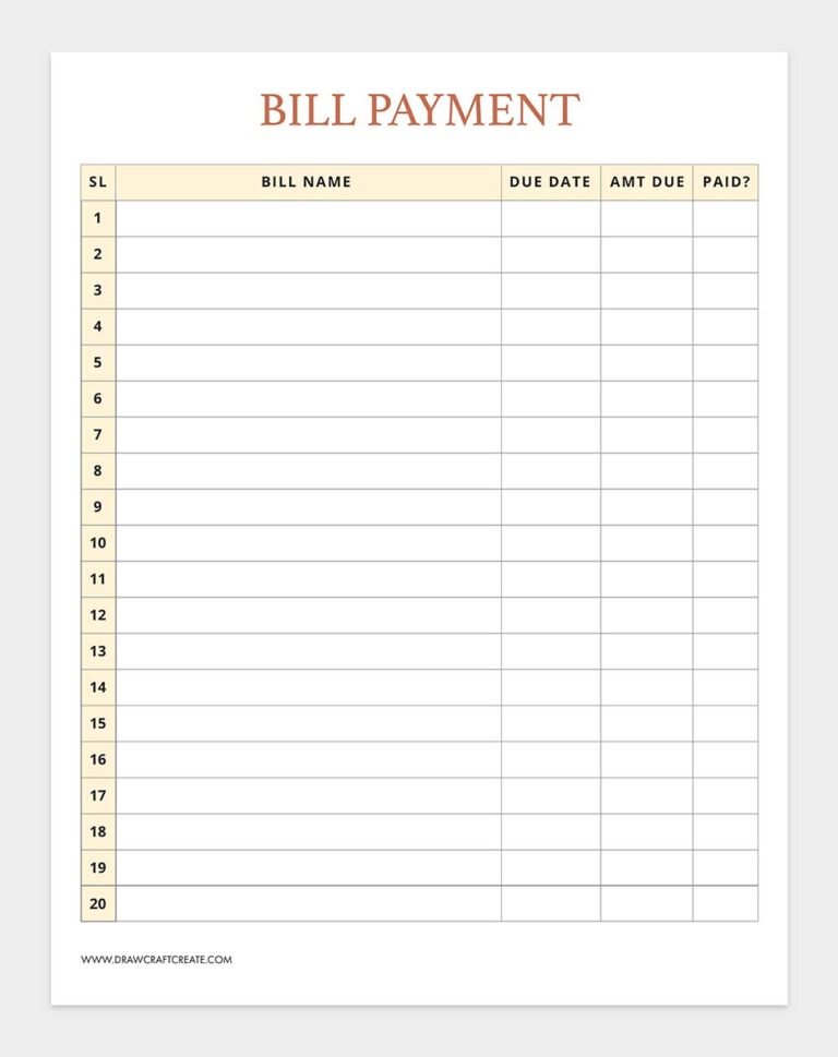 Free Printable Bill Tracker Templates (20 Design) - Draw Craft Create