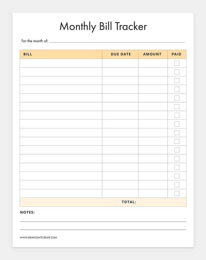 Free Printable Bill Tracker Templates (20 Design) - Draw Craft Create