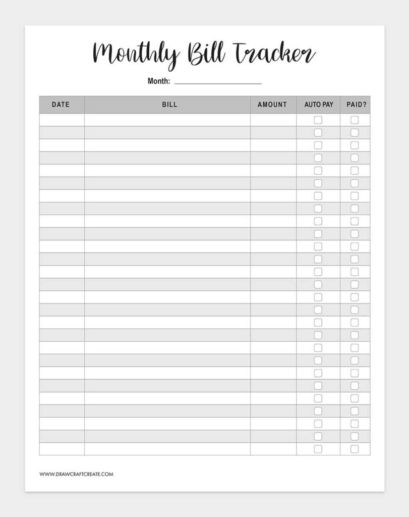Free Printable Bill Tracker Templates (20 Design) - Draw Craft Create