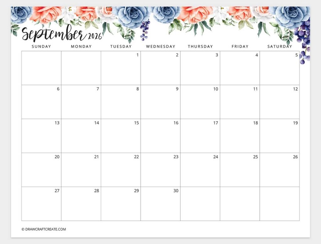 Horizontal 2026 Floral Calendar Printable (Sunday Start) - Draw Craft ...