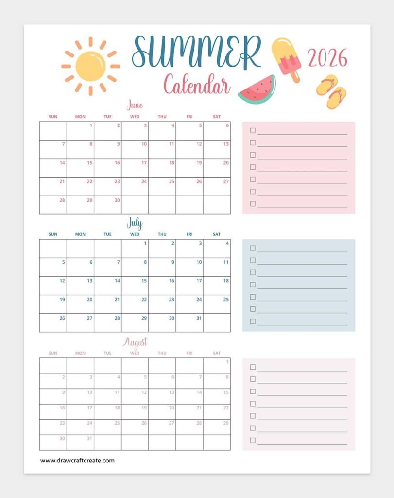 Free Printable 2026 Summer Calendars (6 Design) - Draw Craft Create