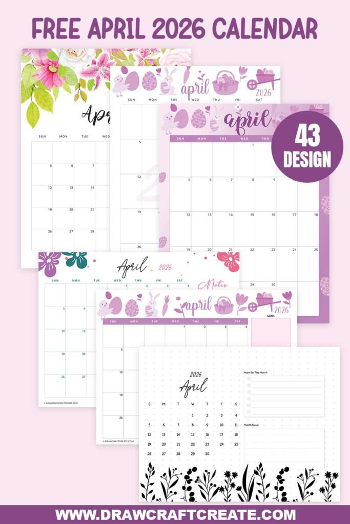 Free Printable April 2026 Calendars (43 Design) - Draw Craft Create