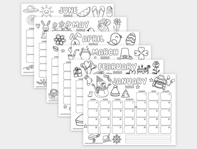 2026 Free Printable Coloring Calendar For Kids - Draw Craft Create
