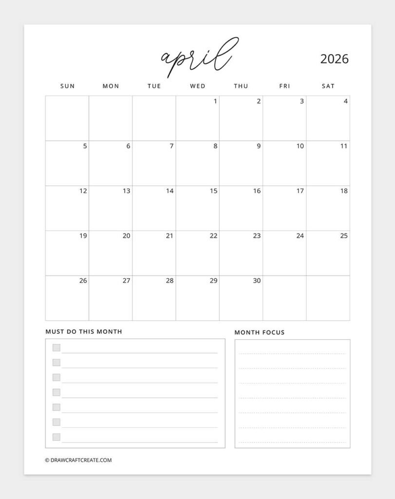 Free Printable April 2026 Calendars (43 Design) - Draw Craft Create