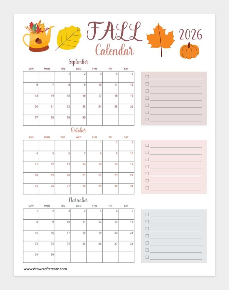 Free Printable 2026 Fall Calendars (6 Design) - Draw Craft Create