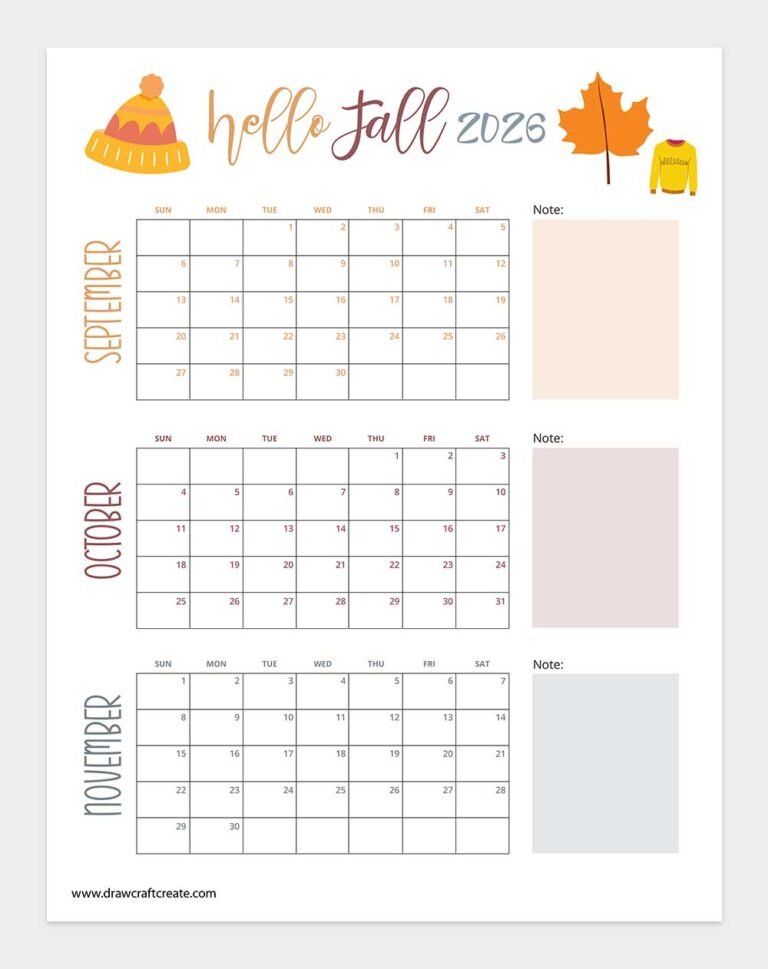 Free Printable 2026 Fall Calendars (6 Design) - Draw Craft Create