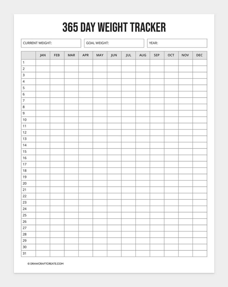 Free Printable Weight Tracker Template (9 Design) - Draw Craft Create