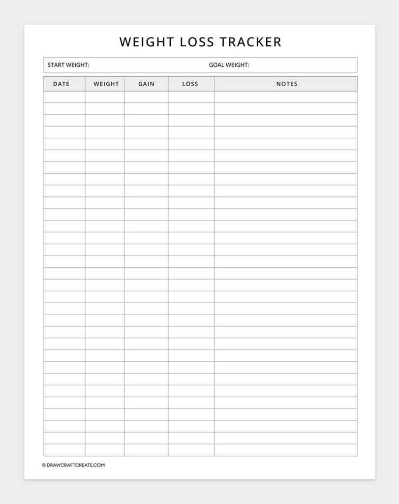 Free Printable Weight Tracker Template (9 Design) - Draw Craft Create