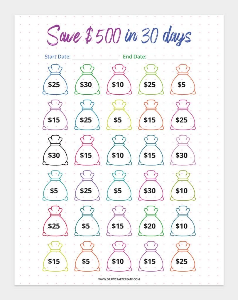 Free Printable $500 Savings Challenge (In 30 Days) - Draw Craft Create
