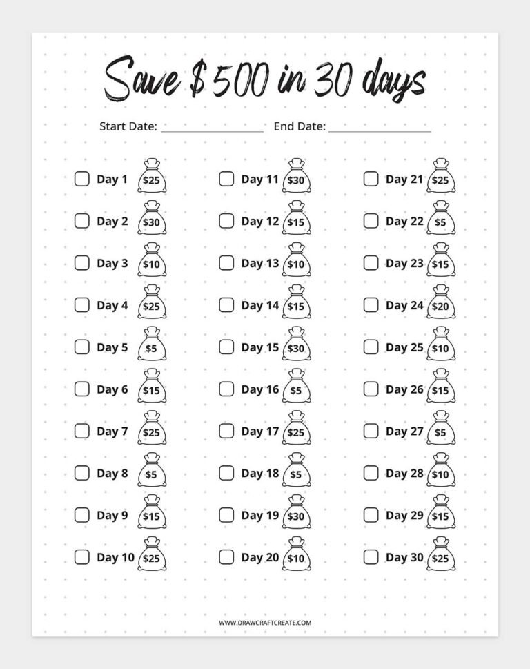 Free Printable $500 Savings Challenge (In 30 Days) - Draw Craft Create