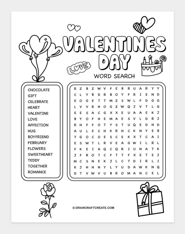 Free Printable Valentine's Day Word Search - Draw Craft Create