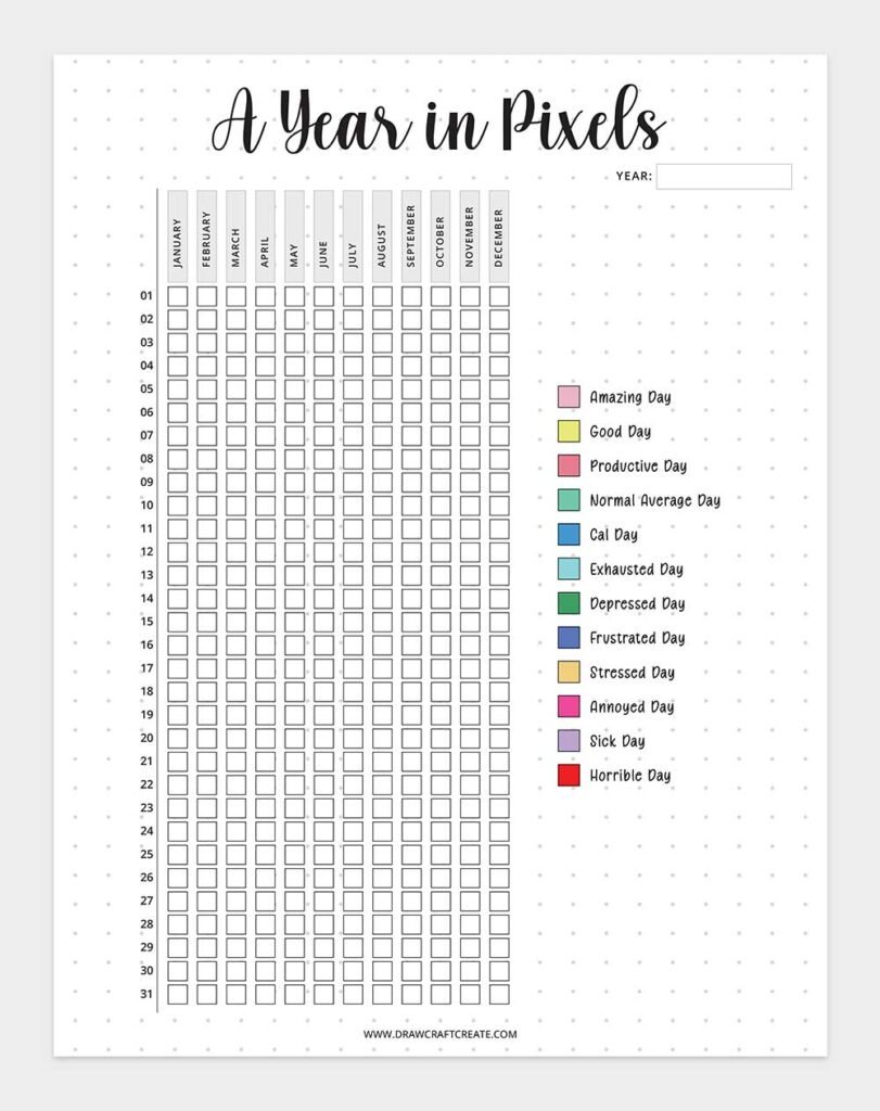 Free Printable Year In Pixels Tracker - Draw Craft Create