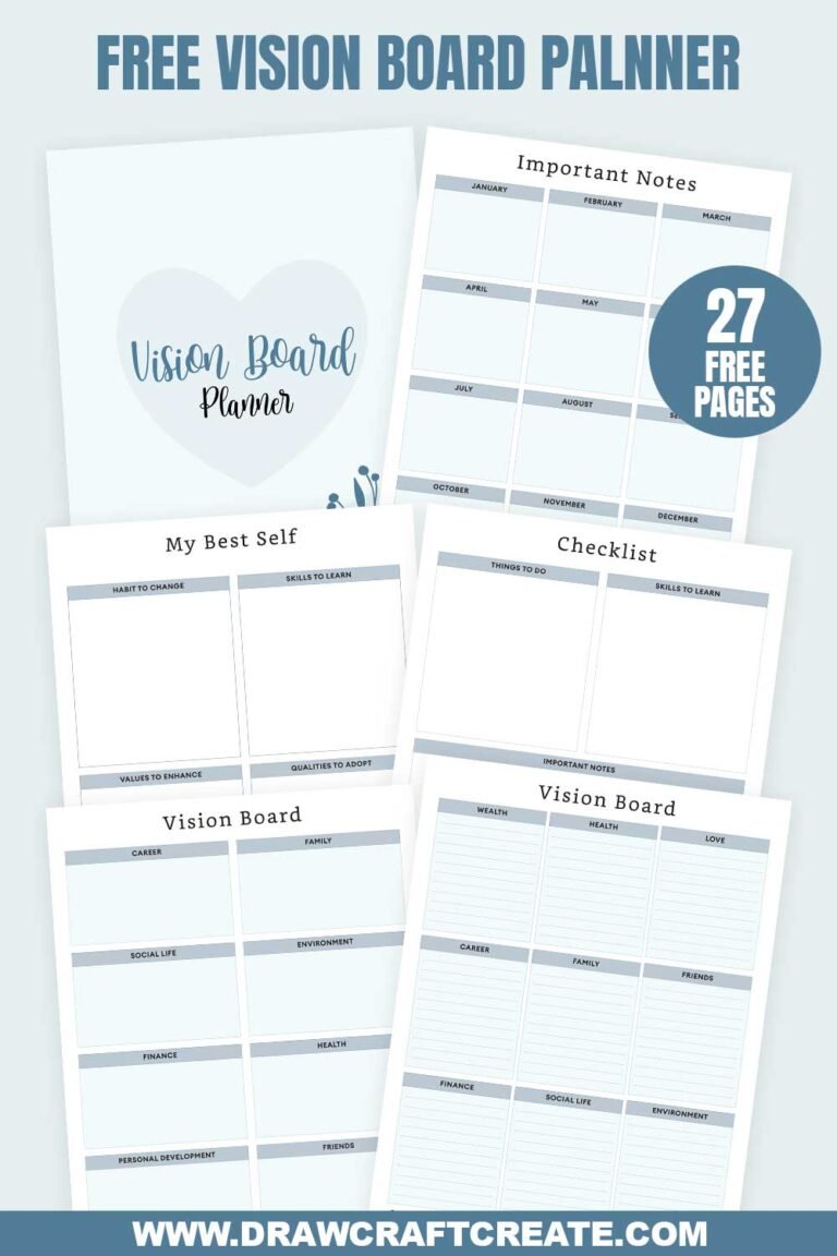 Free Printable Vision Board Planner Template (27 Pages) - Draw Craft Create