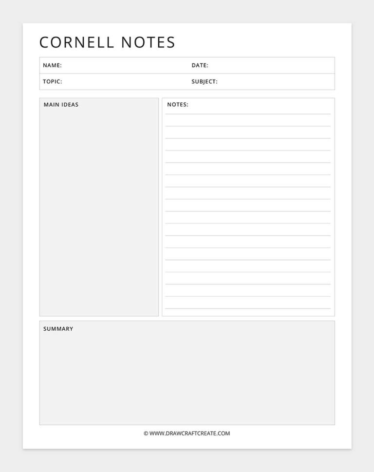Free Printable Cornell Notes Template PDF (20 Design) - Draw Craft Create