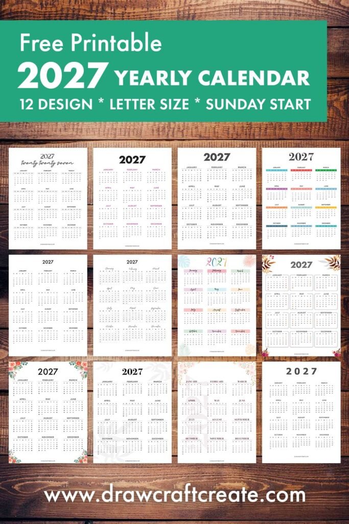 Free 2027 Yearly Calendar Printable (Sunday Start) - Draw Craft Create
